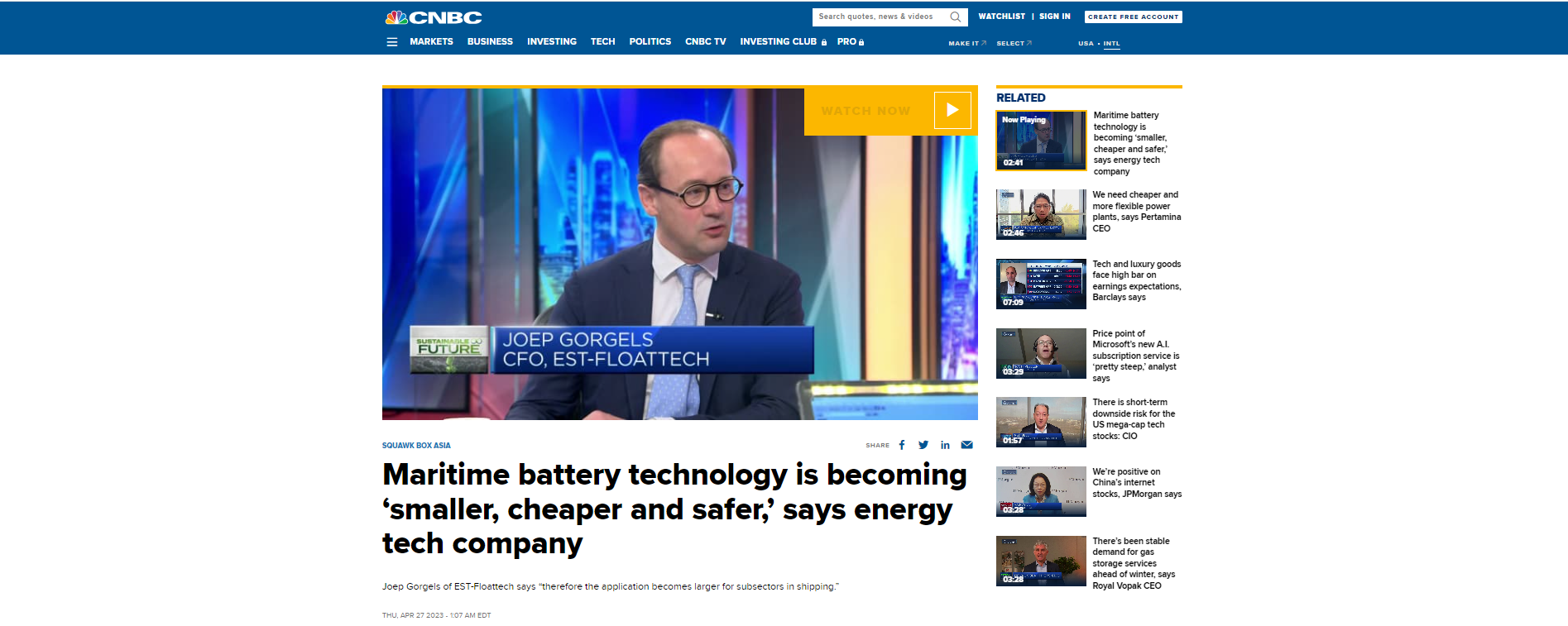 Joep Gorgels at CNBC's Squawk box asia - Maritime battery technology is ...